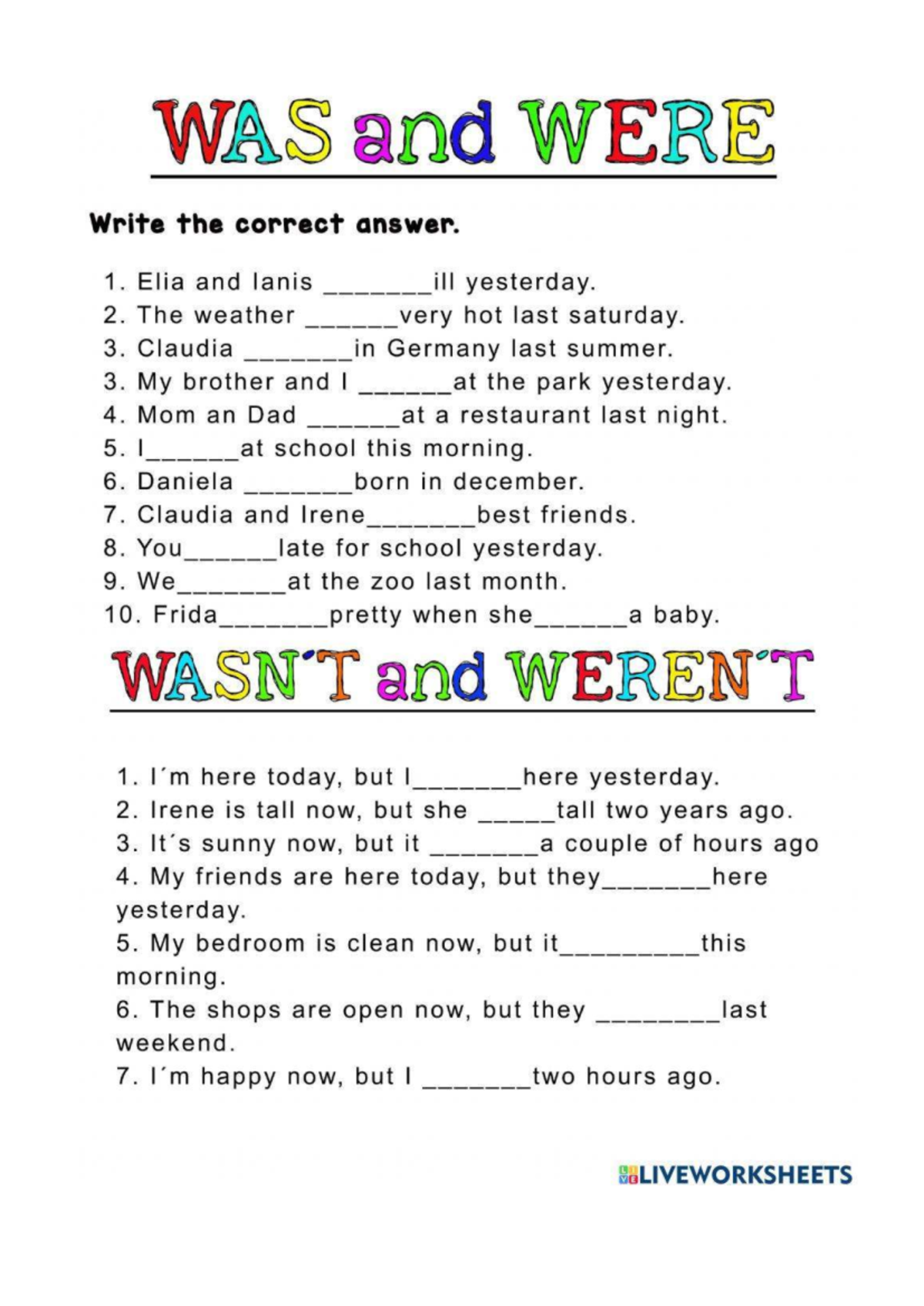 WAS and WERE: Correct Answers Practice Exercise - Studocu