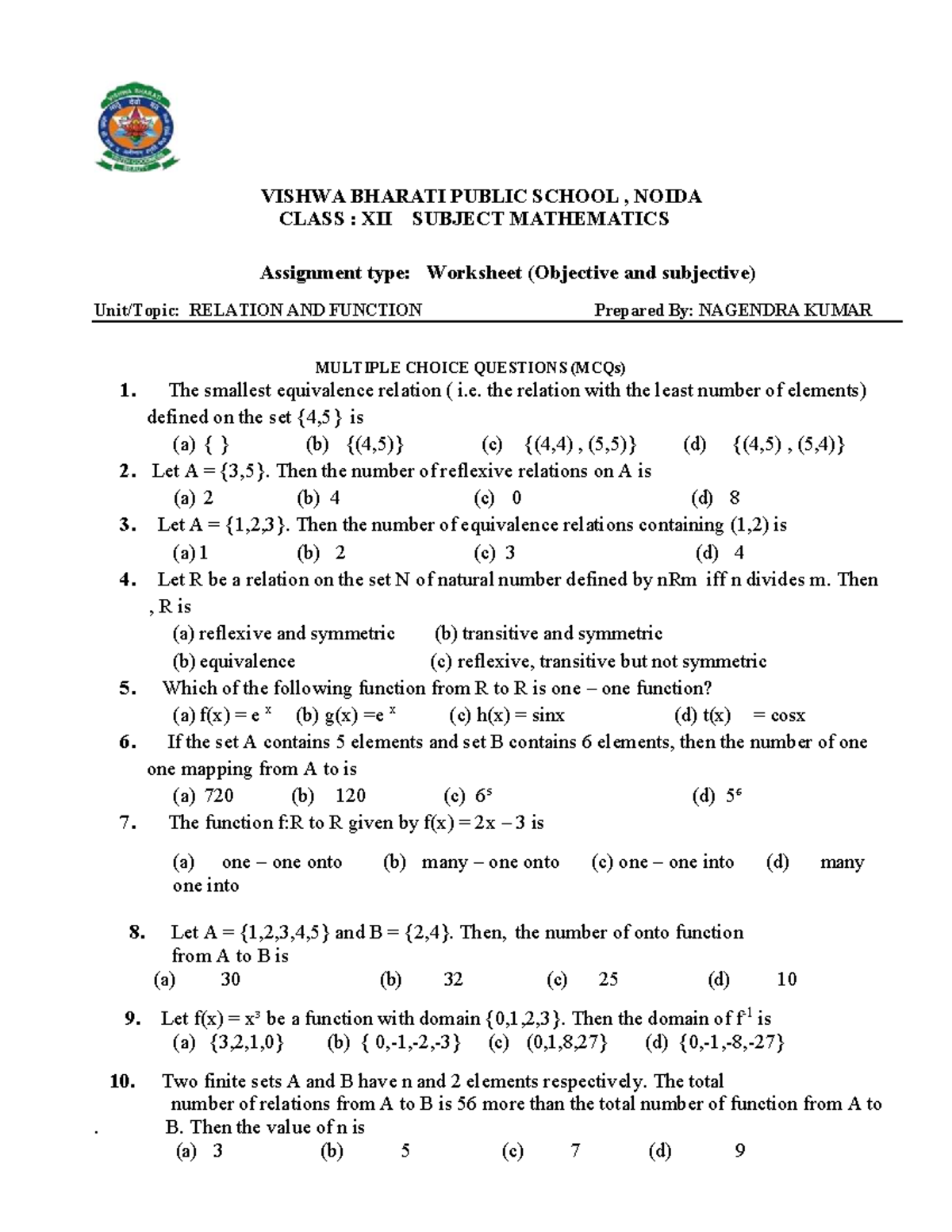 MATHEMATICS CLASS XII: RELATION AND FUNCTION WORKSHEET (MCQs & Qs ...