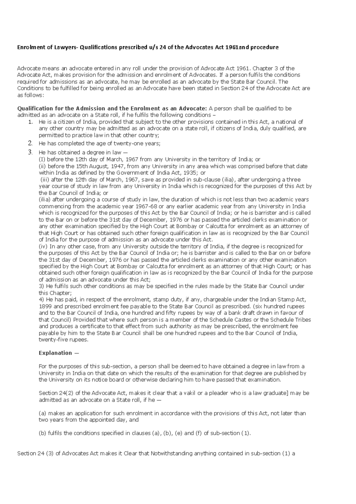 Practical Training LLB SEM I - Enrolment of Lawyers- Qualifications ...