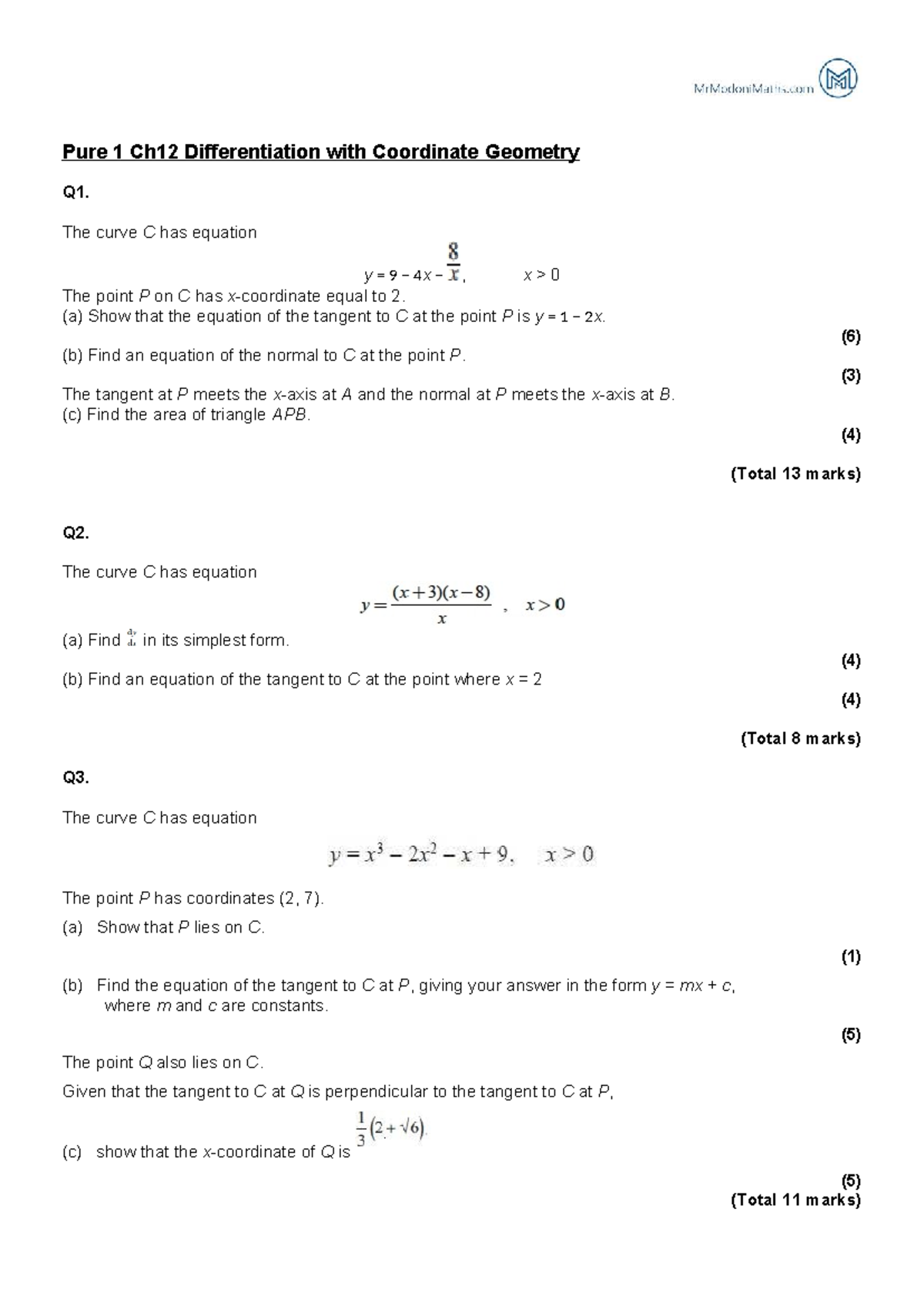 Pure 1 Ch12 Differentiation with Coordinate Geometry - The curve C has ...