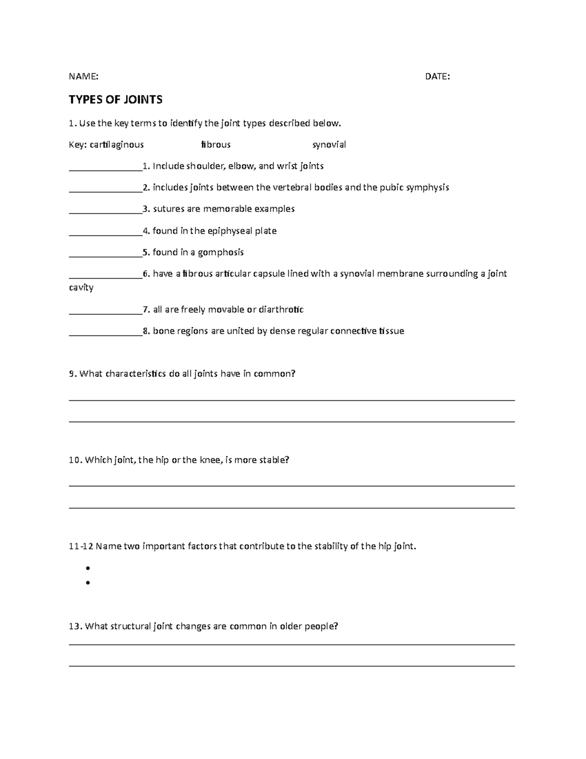 Skeletal system worksheet: types of joints and their characteristics ...