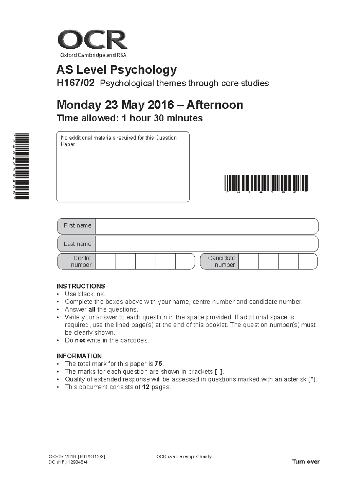 H167-02 AS Level Psychology Core Studies Exam Paper - June 2016 - Studocu