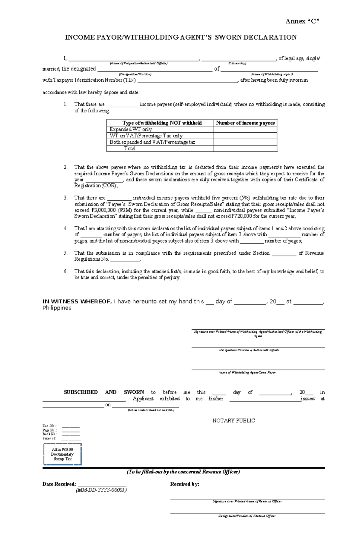 Annex C RR 11-2018: Income Sworn Declaration for Withholding Agents ...