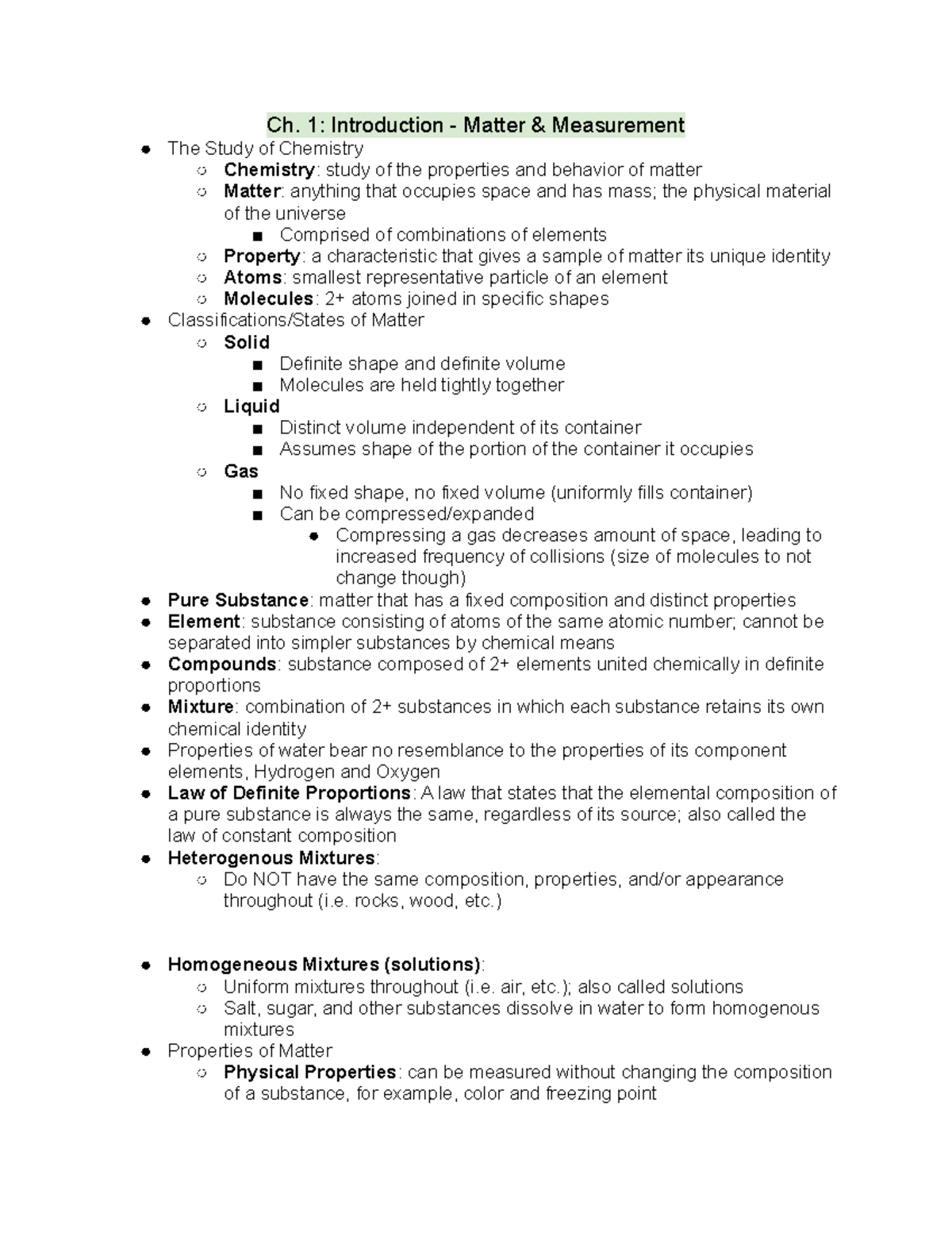 Ch. 1 CHE101 - Summary Chemistry: The Central Science - Ch. 1 ...