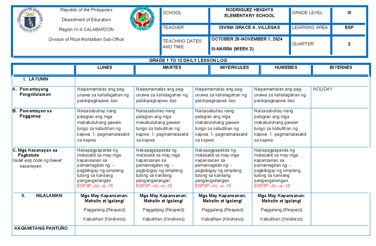 WEEK 3 ESP Lesson Plan for Grade III (Oct 28 - Nov 1, 2024) - Studocu