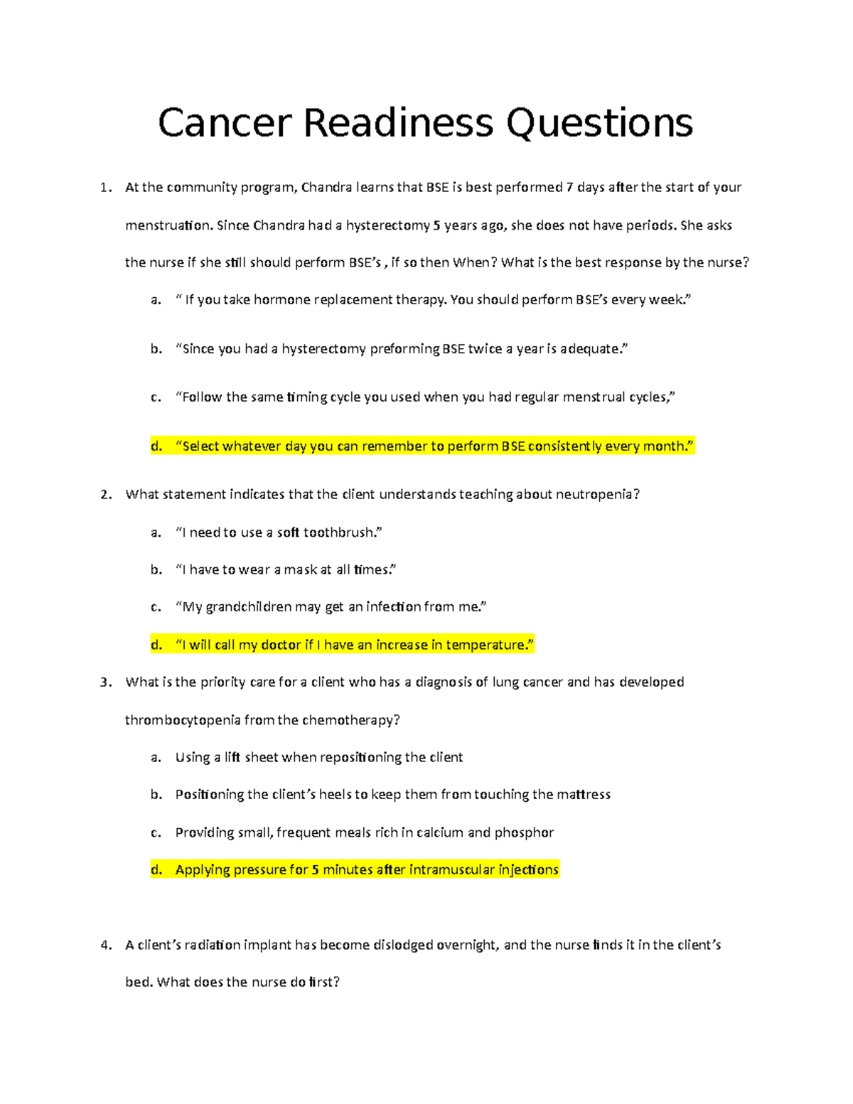 Cancer readiness questions - Cancer Readiness Questions At the ...