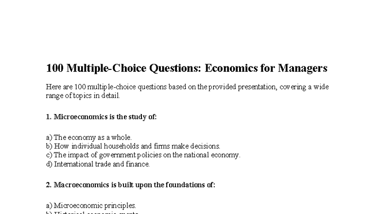 100 MCQs: Economics for Managers (ECO 101) - Studocu