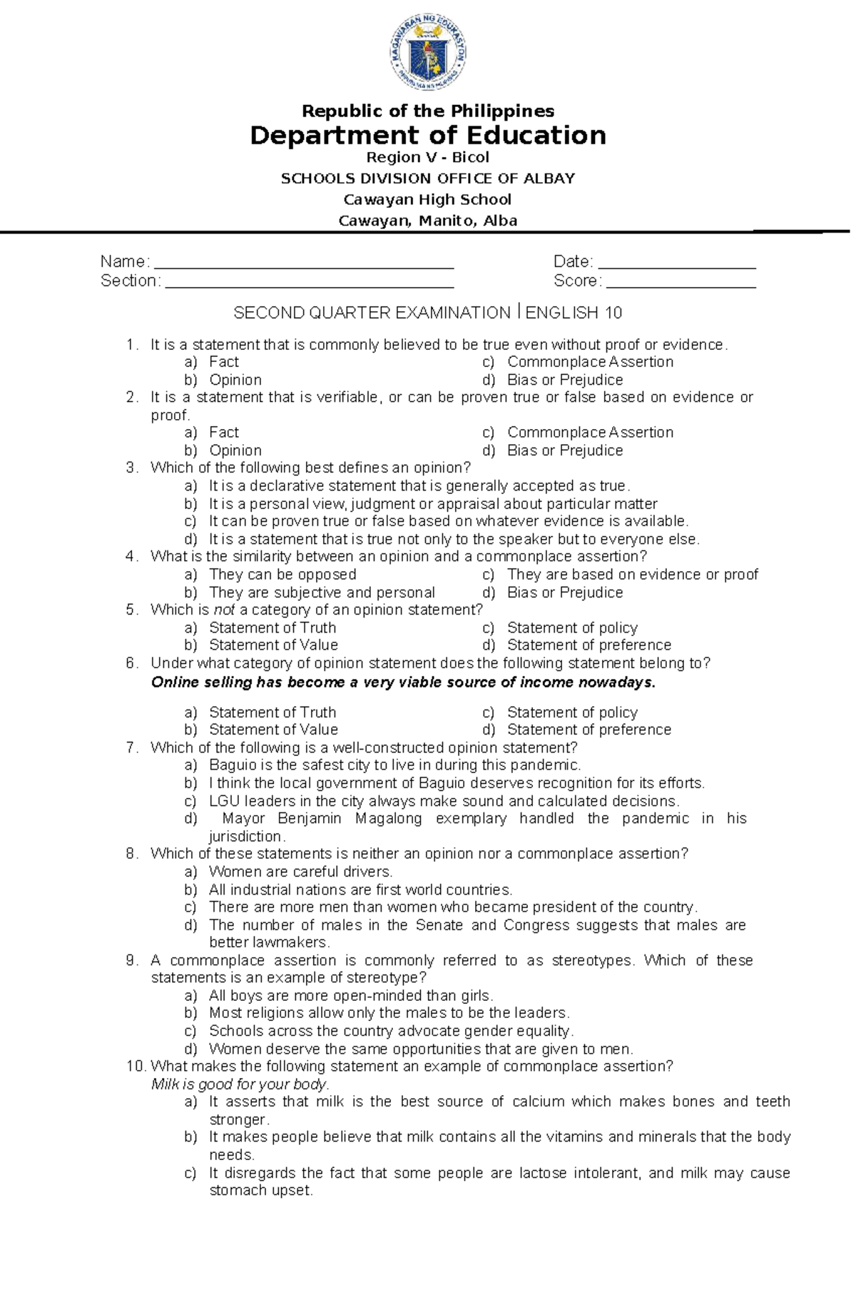 2nd Quarter Exam Review: English 10 (G10) - Studocu
