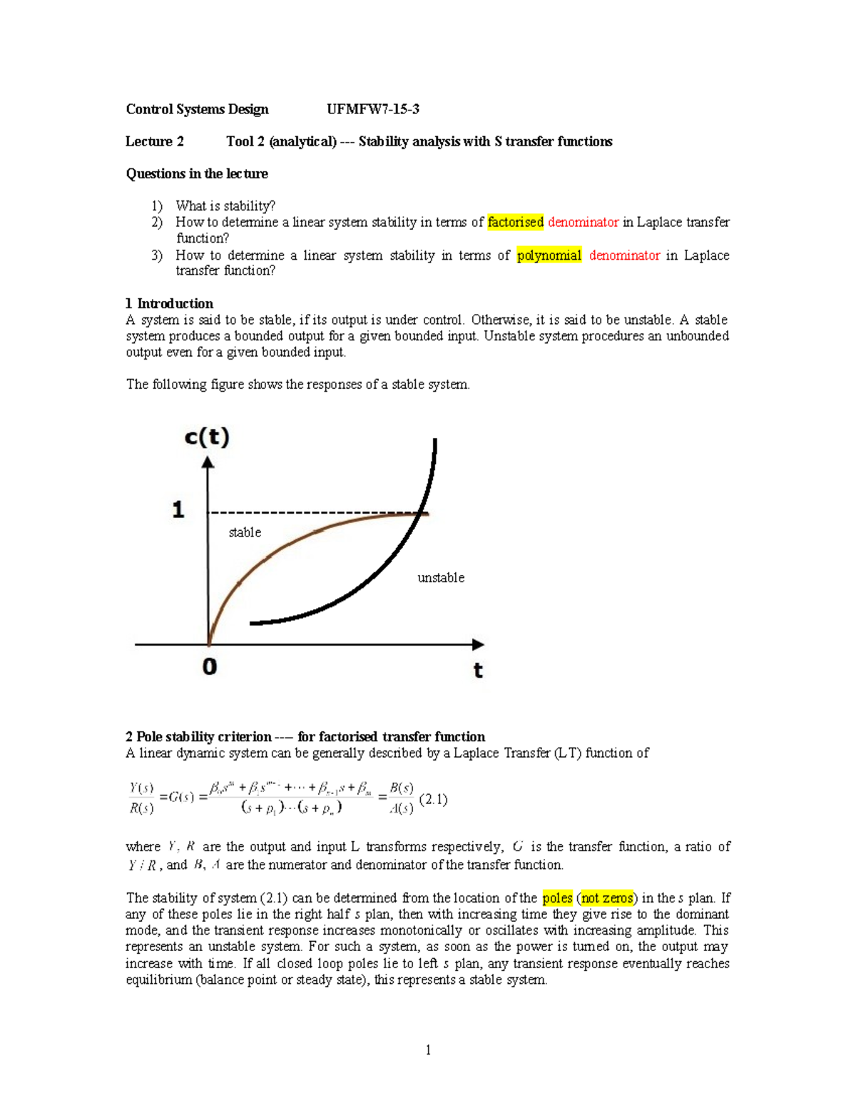LEC 2 - Stability Analysis in Control Systems UFMFW7-15 - Studocu