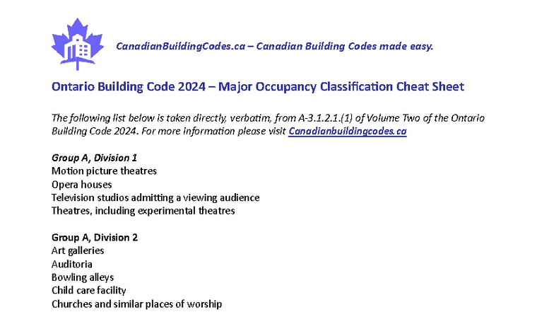 Ontario Building Code 2024: Major Occupancy Classification Cheat Sheet ...