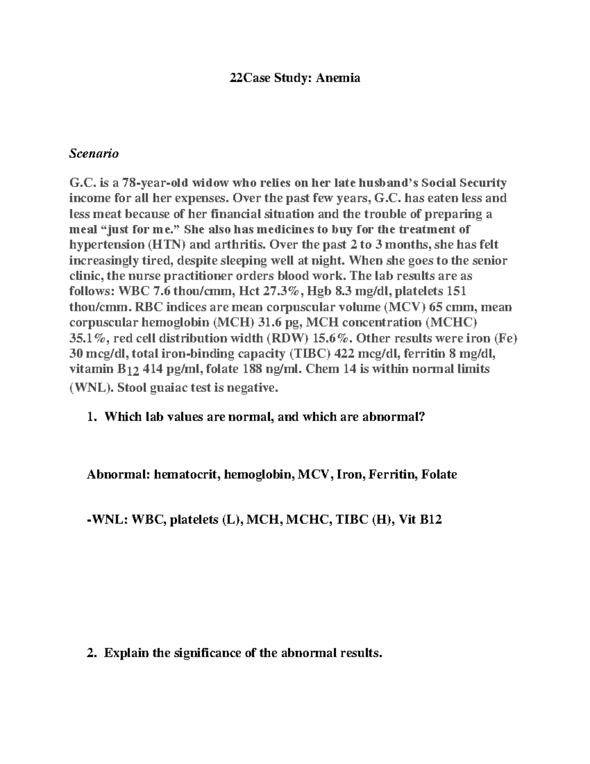 Case Study-Anemia - case study med surg - 22Case Study: Anemia Scenario ...