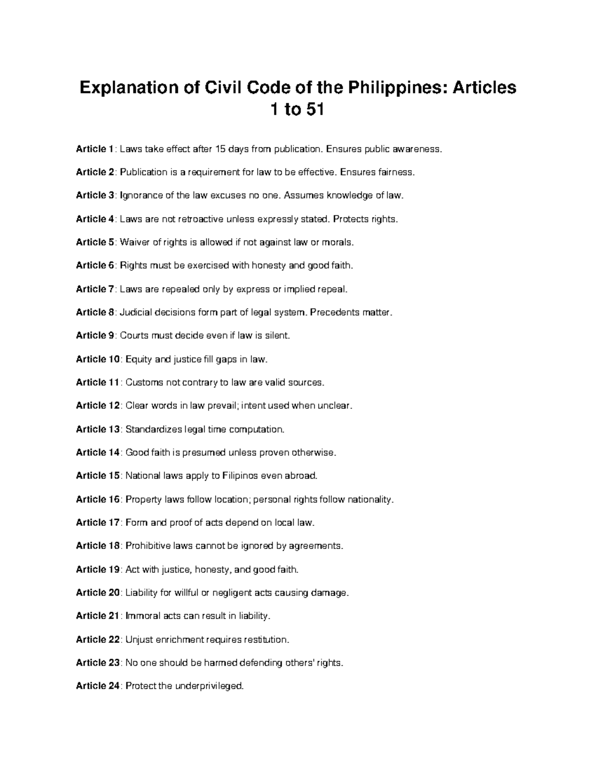 Civil Code of the Philippines: Articles 1-51 Explained - Studocu