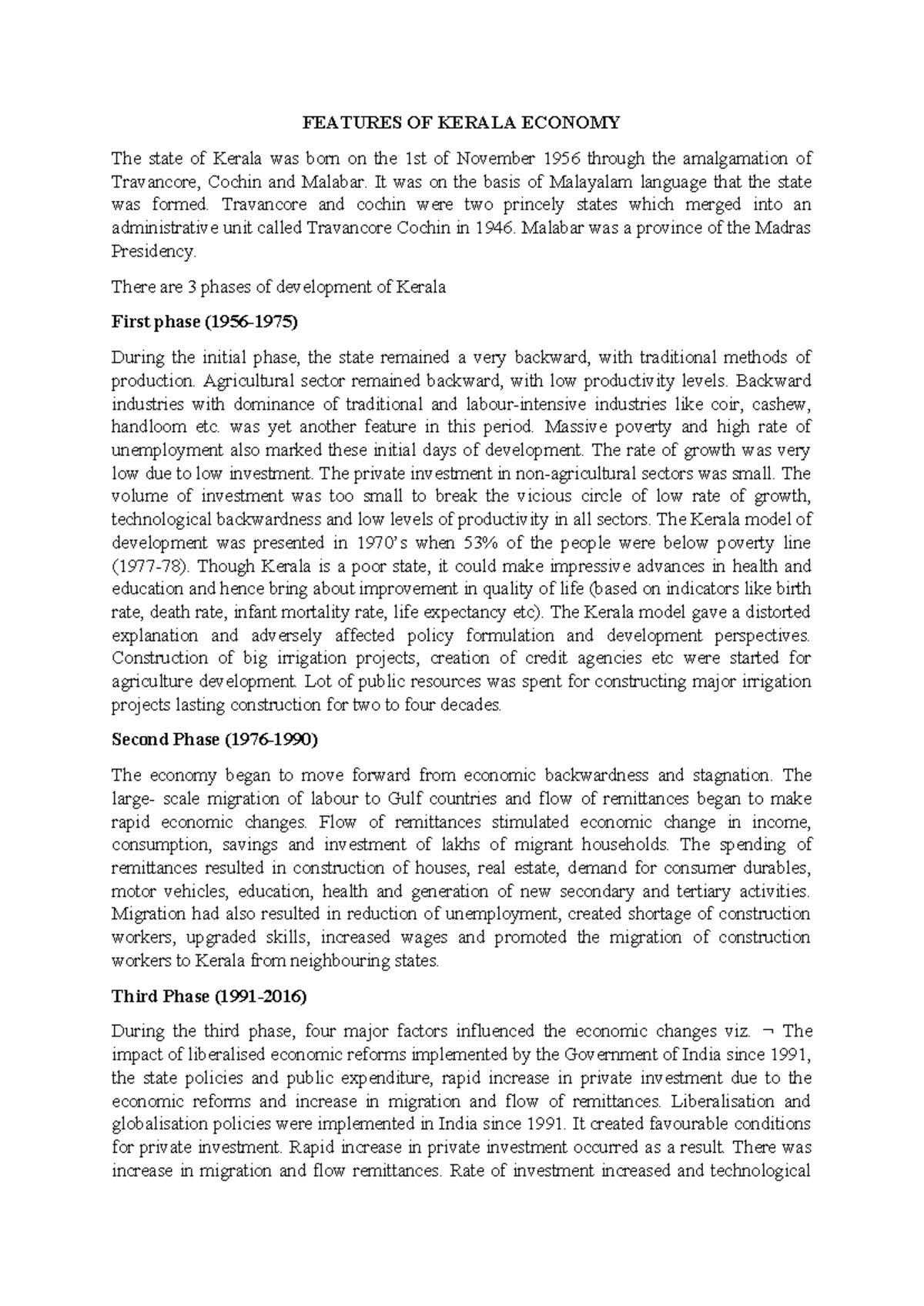 Kerala Economy: Features, Development Phases & Structural Changes - Studocu