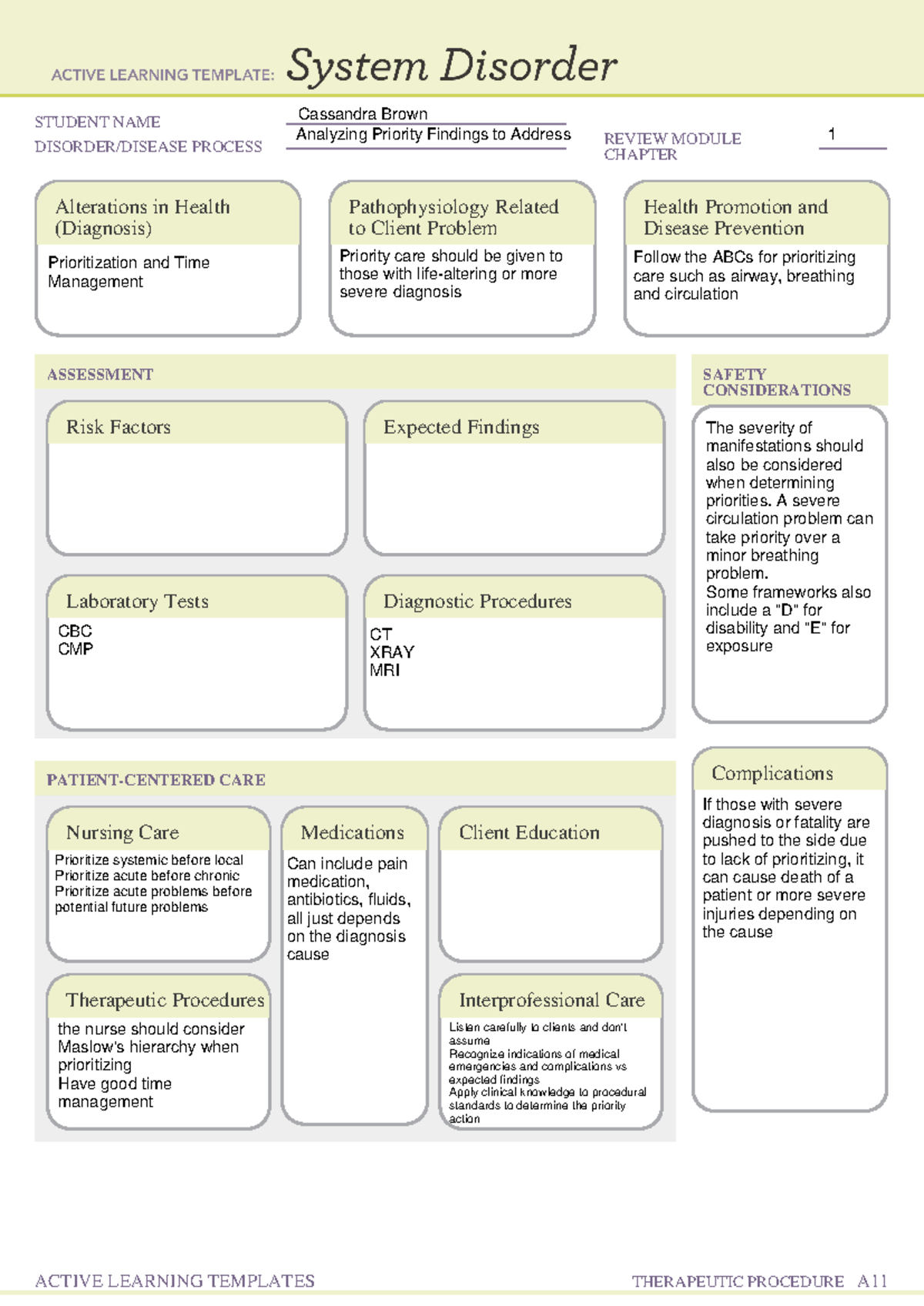 Priority Findings in Health Alterations - Disorder/Disease Review ...