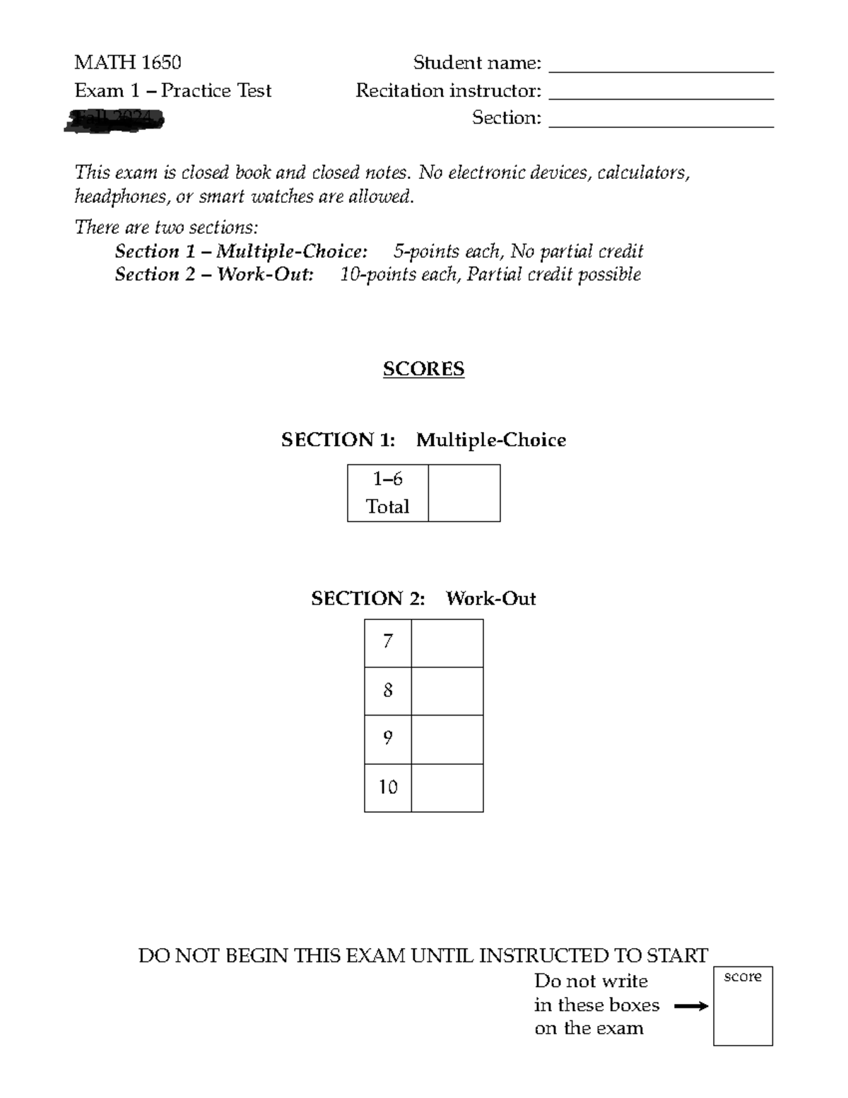 MATH 1650 Exam 1 Practice Test - Fall 2024 Review Guide - Studocu