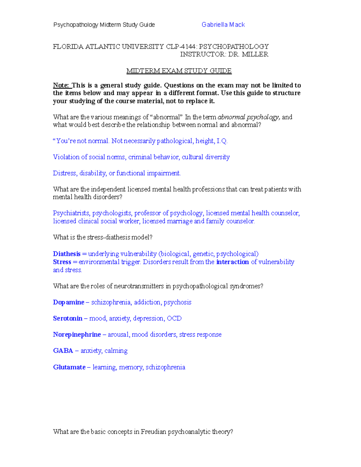 Psychopathology PSY 101 Midterm Exam Study Guide by Gabriella Mack - Studocu