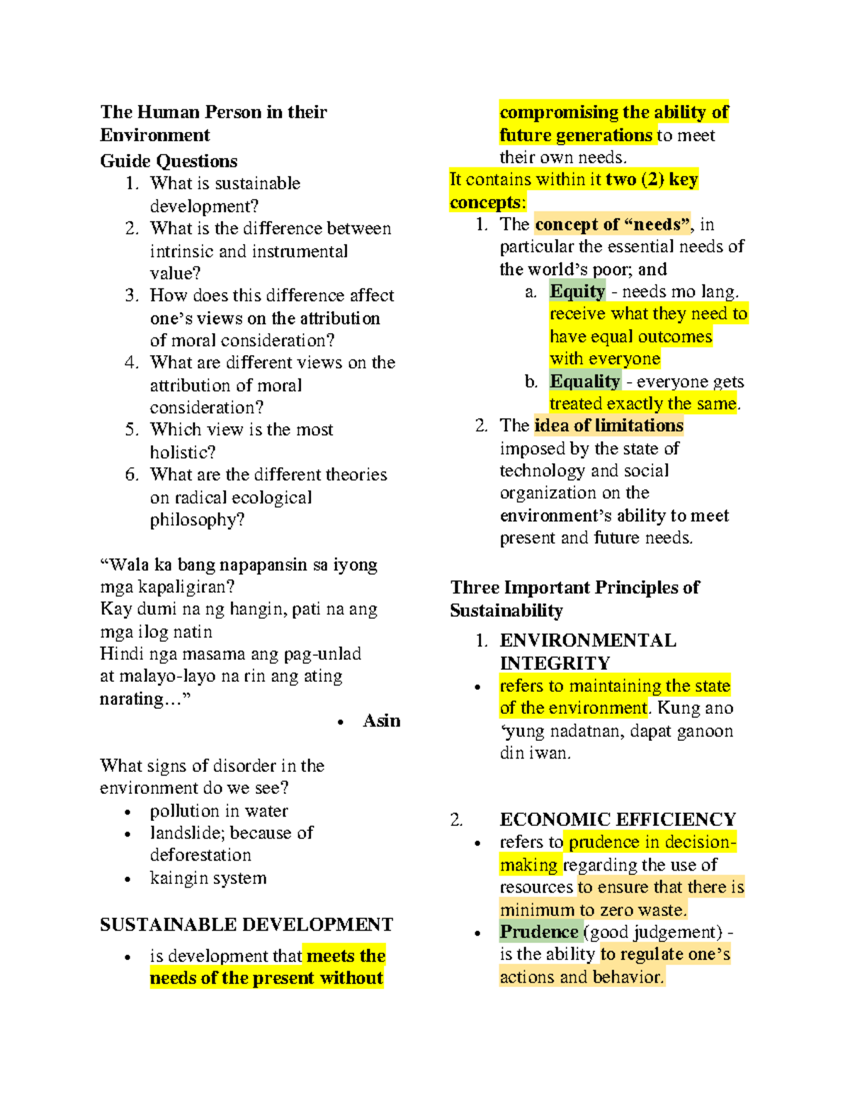 PHIL 101 - Philosophy Reviewer: The Human Person & Environment - Studocu