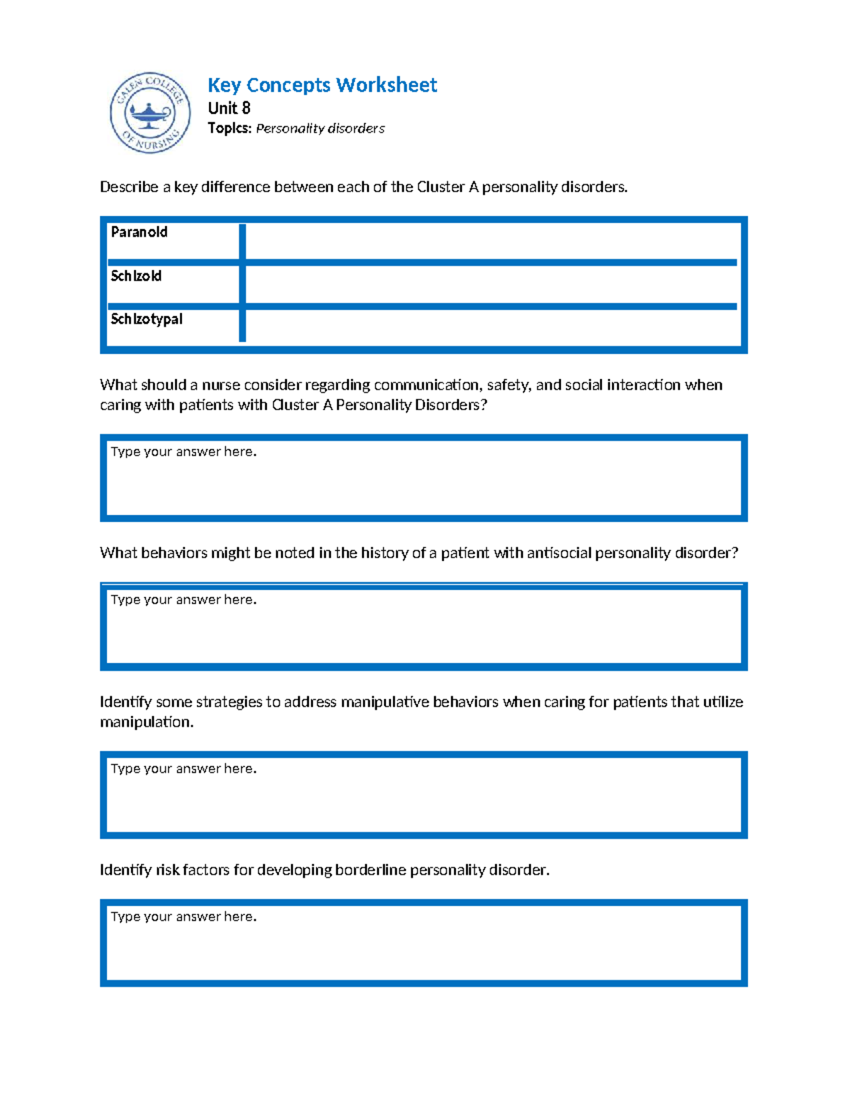 Unit 8 Key Concepts: Personality Disorders Study Guide - Studocu