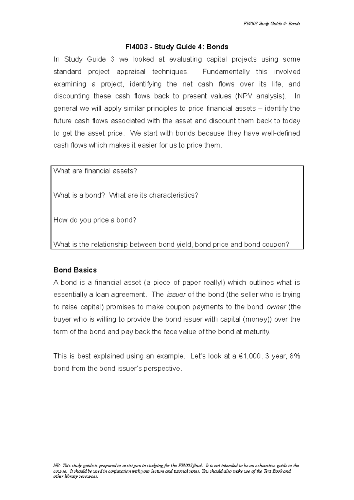 FI4003 Study Guide 4 - FI4003 - Study Guide 4: Bonds In Study Guide 3 ...