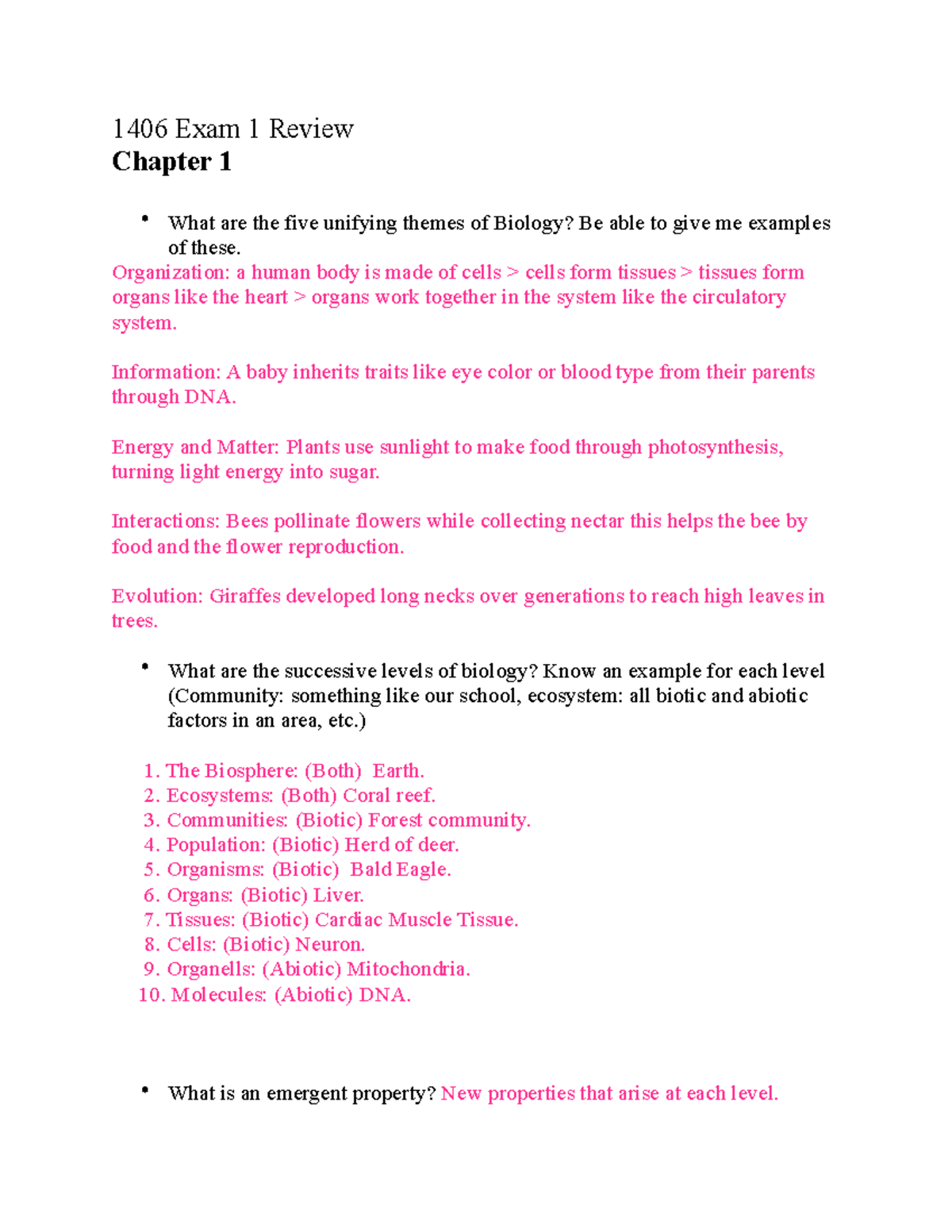 Biology 1406 Exam 1 Review Notes: Key Concepts and Unifying Themes ...