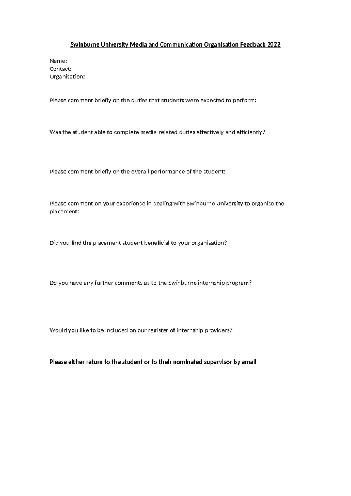 Swinburne Uni Media & Comm Org Feedback Form 2022 - Studocu