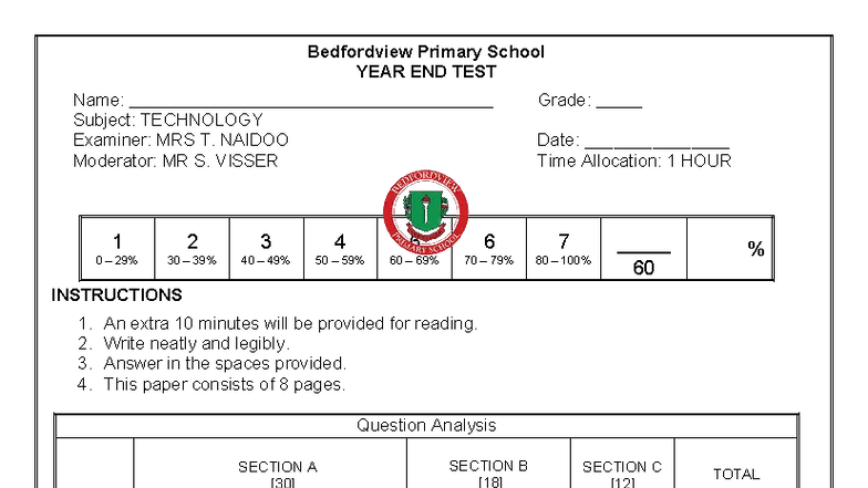Bedfordview Primary School TECHNOLOGY Year End Test 2021 - Studocu