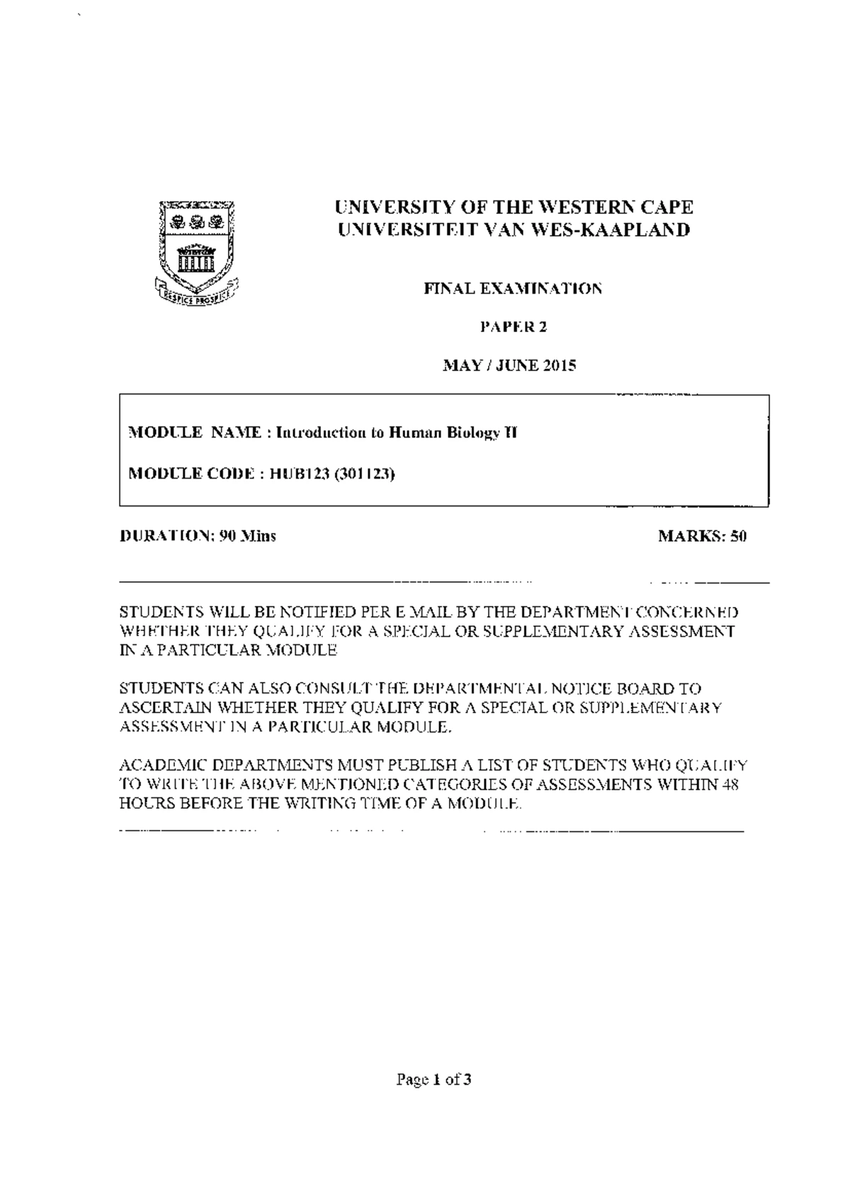 HUB123 Final Exam - Past Papers & Memo for Human Biology Module - Studocu