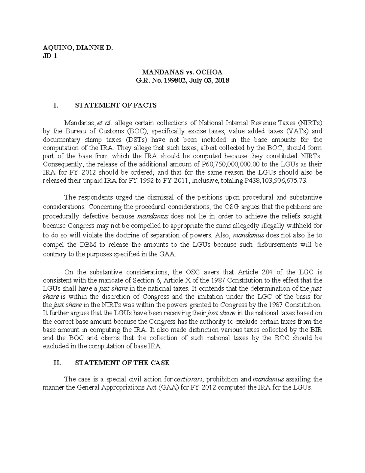 Mandanas vs. Ochoa Case Analysis JD 1 Digest on IRA Computation - Studocu