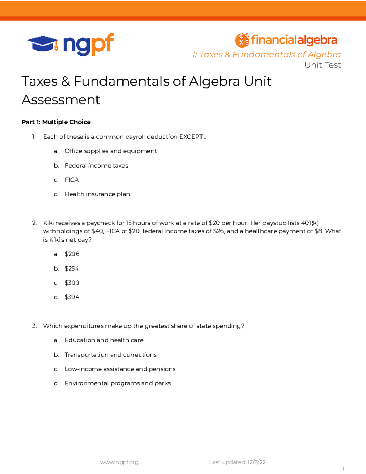 Taxes & Fundamentals of Algebra Unit Test (FA-1.0) - Studocu