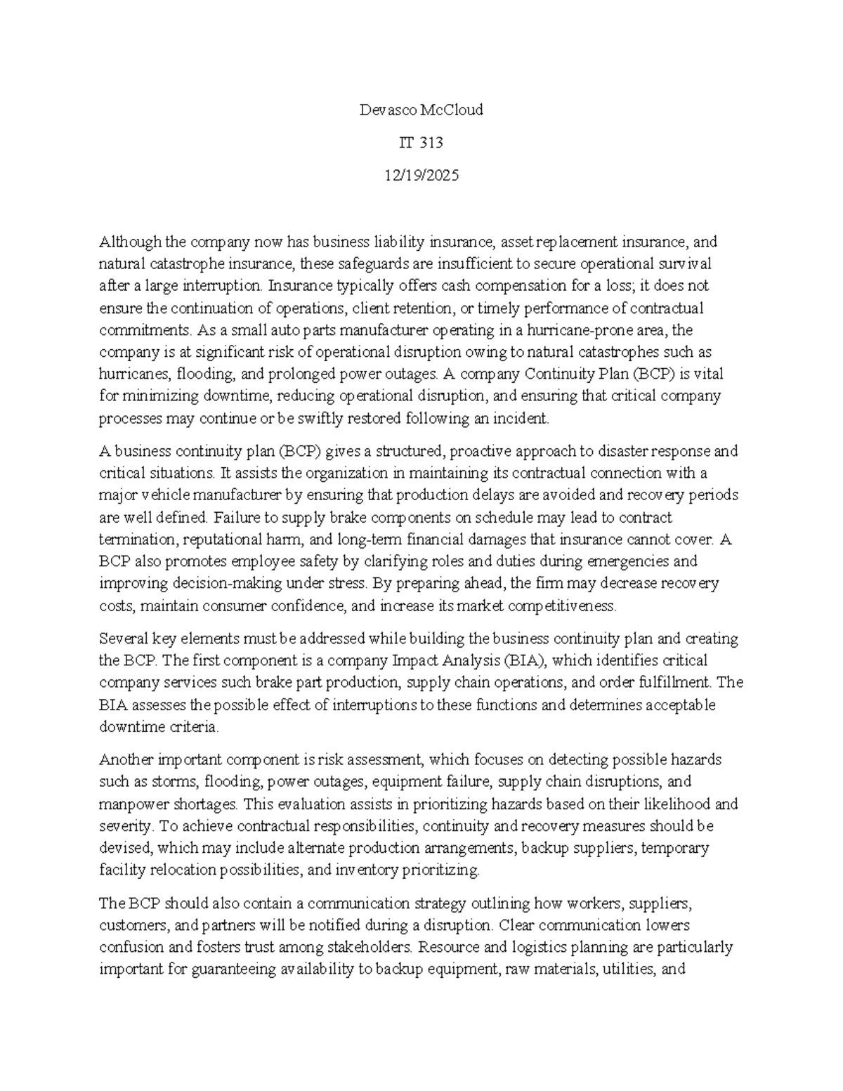 IT 313 Activity 8: Business Continuity Plan for Operational Resilience ...