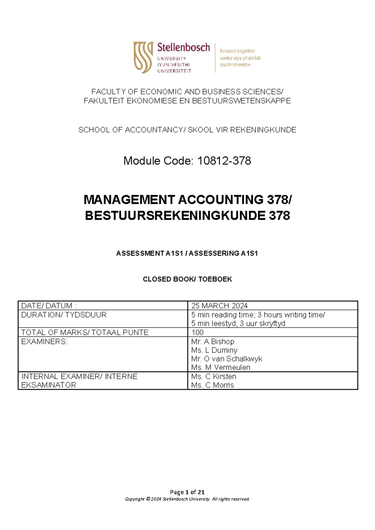 MA 378 - A1S1 - Management Accounting Exam Paper (2024) - Studocu