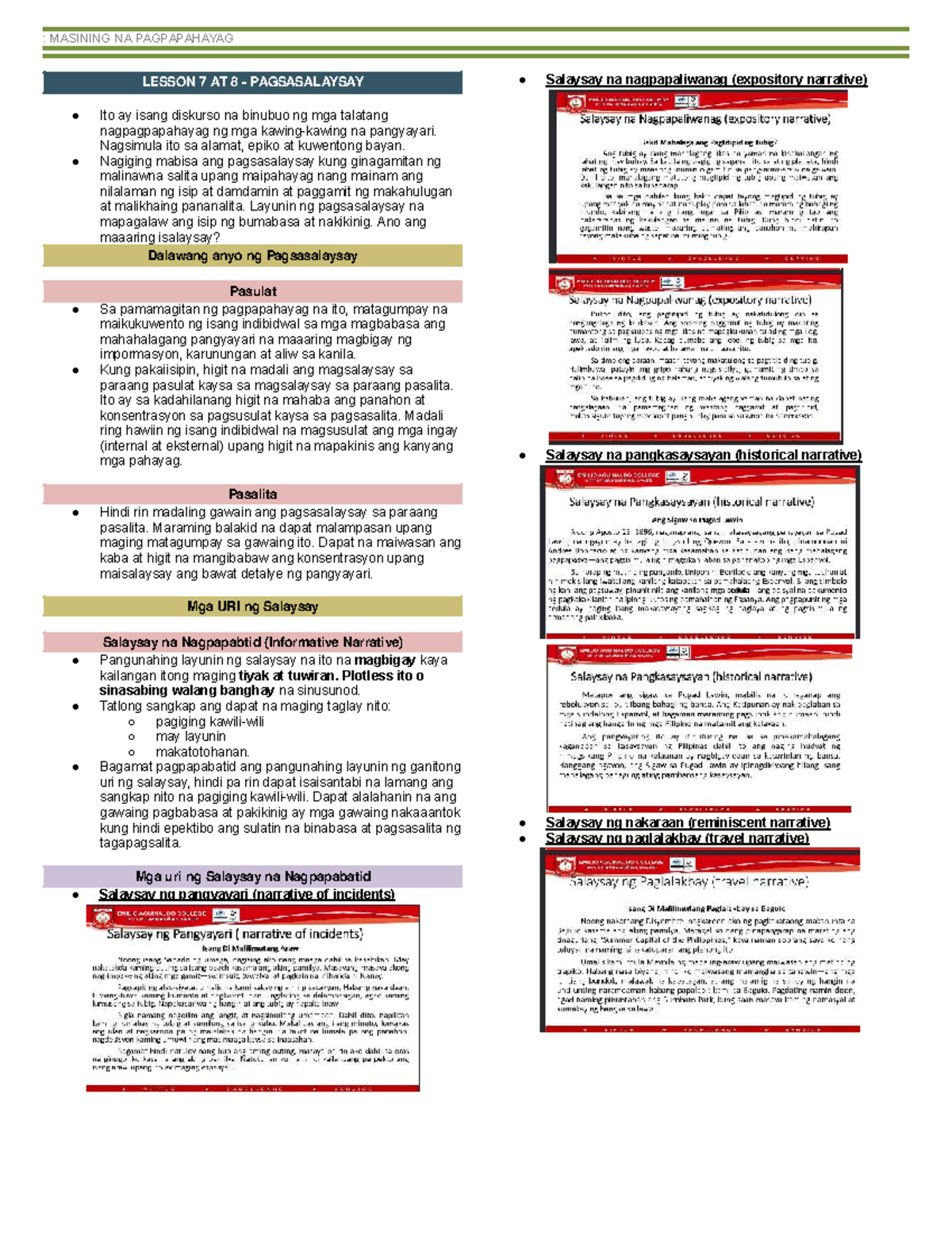 MASINING NA PAGPAPAHAYAG LESSON 7-12: Pagsasalaysay, Paglalarawan, at - Studocu