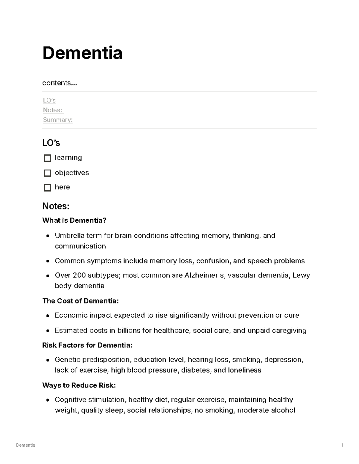 Dementia Notes: Key Insights and Risk Reduction Strategies - Studocu