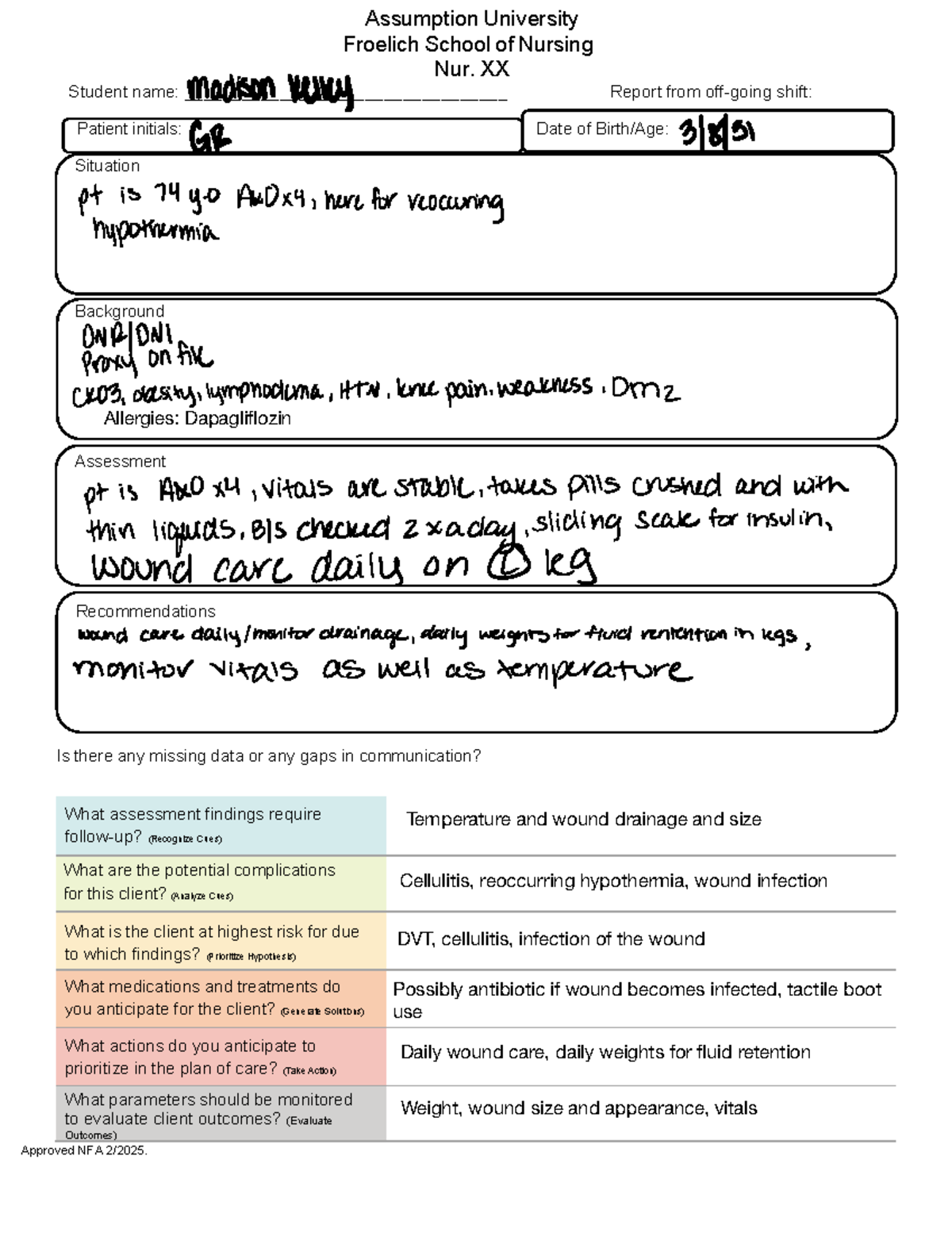 Kelley Clinical Worksheet for Nursing Care: Nur. XX Patient Report ...