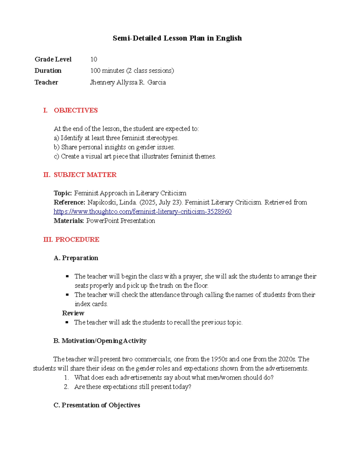 Grade 10 Lesson Plan: Exploring Feminist Literary Criticism - Studocu
