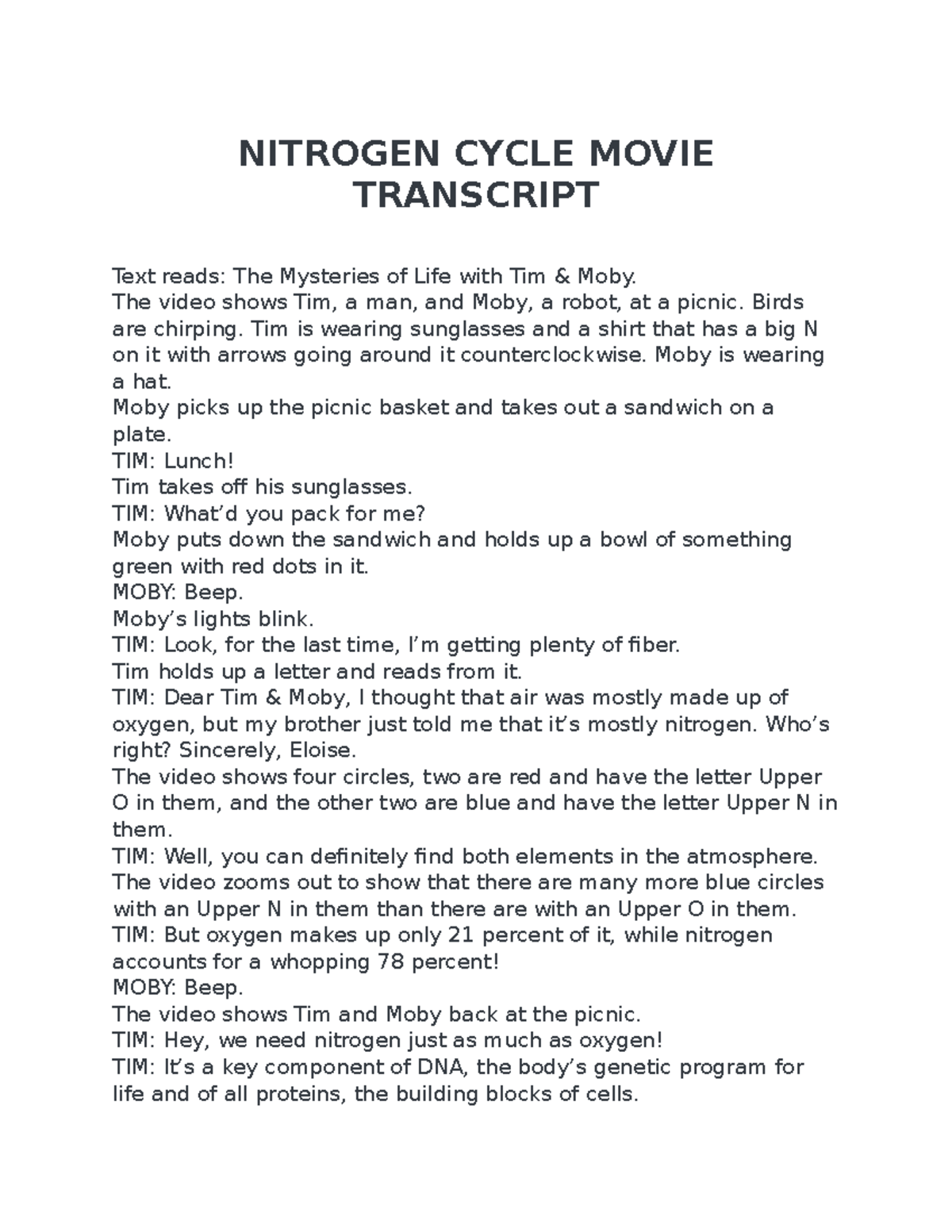 Nitrogen Cycle Movie Transcript - NITROGEN CYCLE MOVIE TRANSCRIPT Text ...