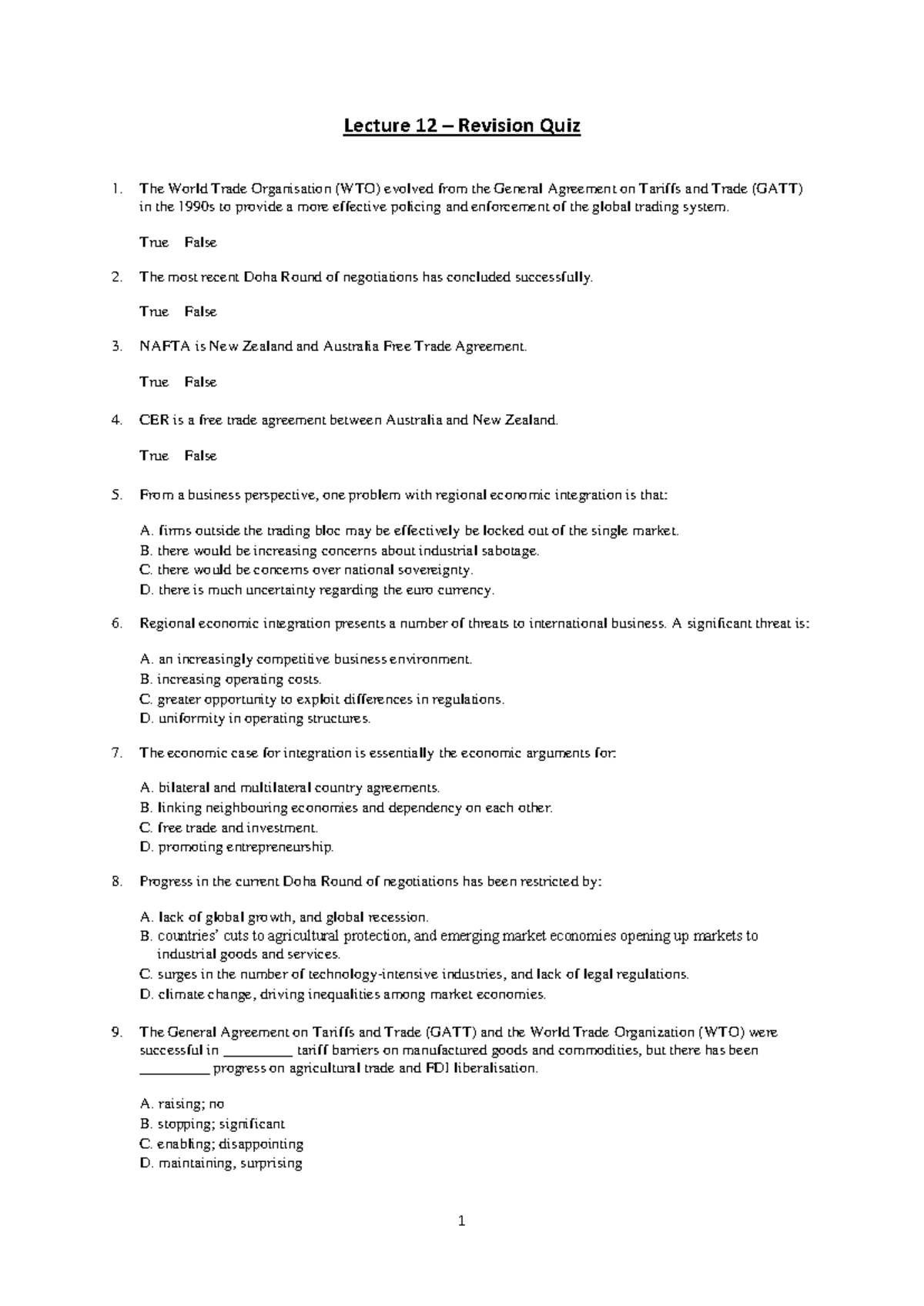 Lecture 12 - Revision Quiz - Lecture 12 – Revision Quiz 1. The World ...