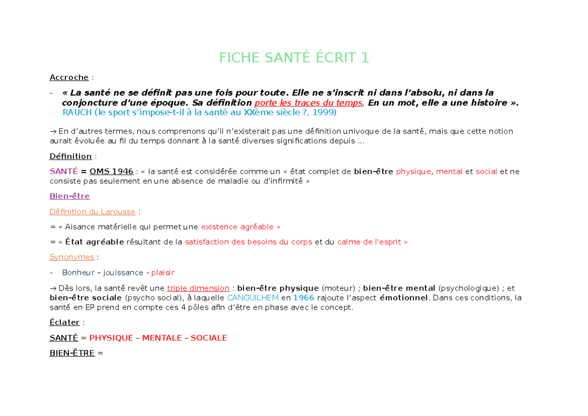 FICHE SANTÉ ÉCRIT 1 : Évolution de la Définition de la Santé - Studocu