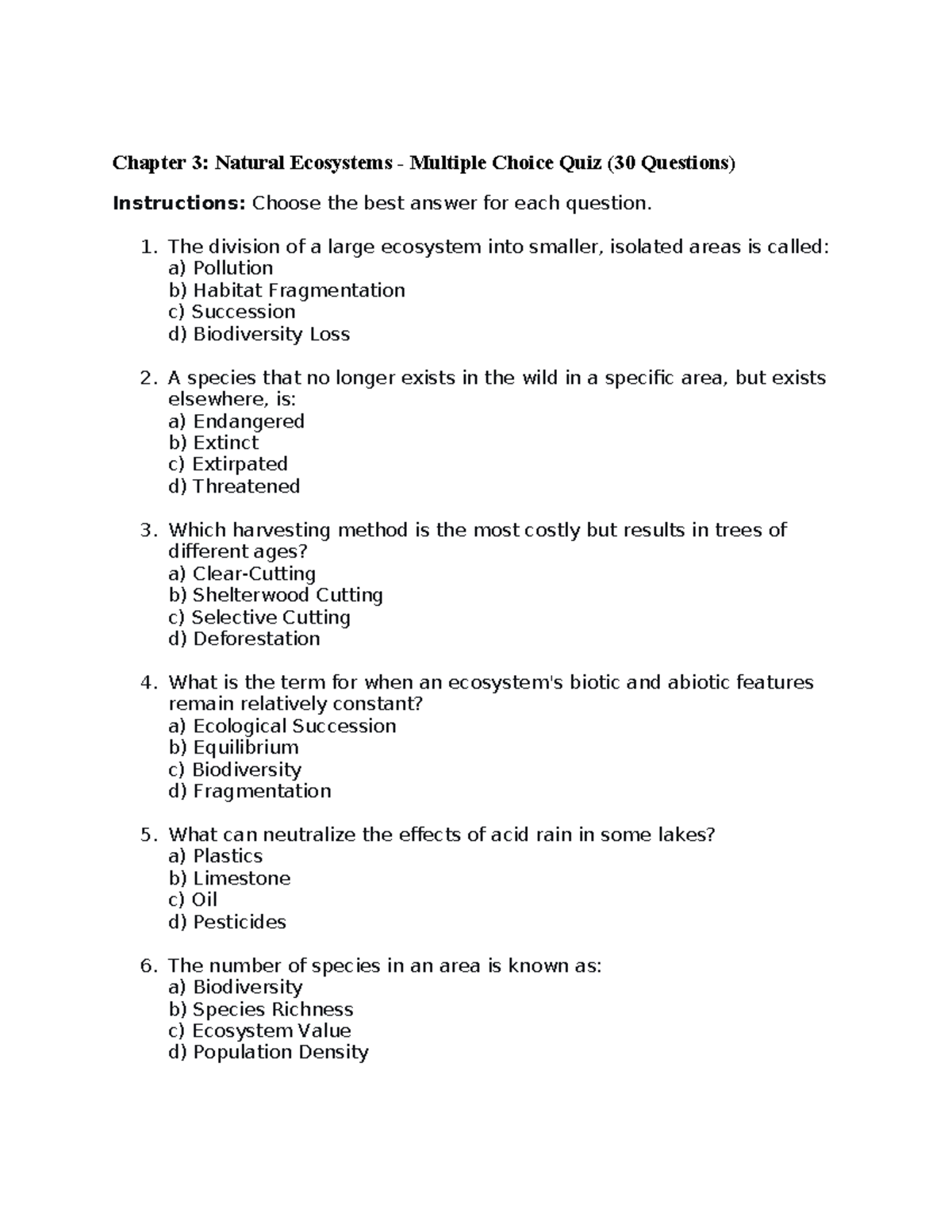 Chapter 3: Natural Ecosystems MC Quiz (30 Qs) - Open Book Test - Studocu