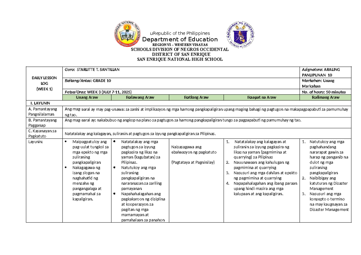 AP10 DLL Q1 Wk3 - Daily Lesson Log for Araling Panlipunan 10 - Studocu