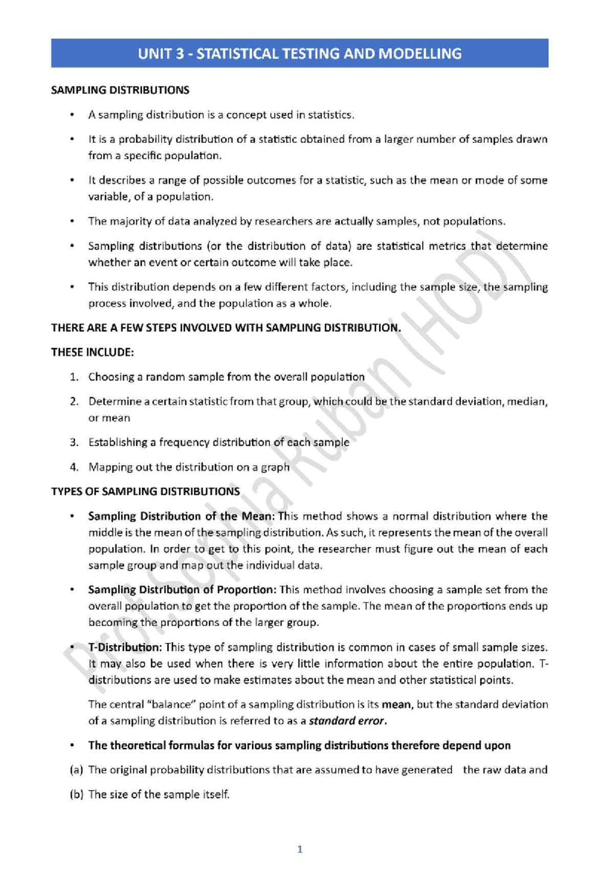UNIT 3 Statistical Testing and Modelling: Sampling Distributions ...
