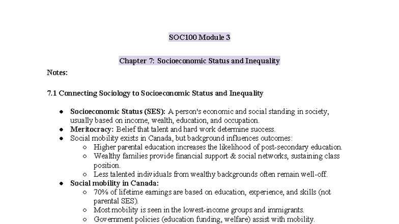 SOC100 Module 3 Term Test 3: Socioeconomic Status, Inequality & Race ...