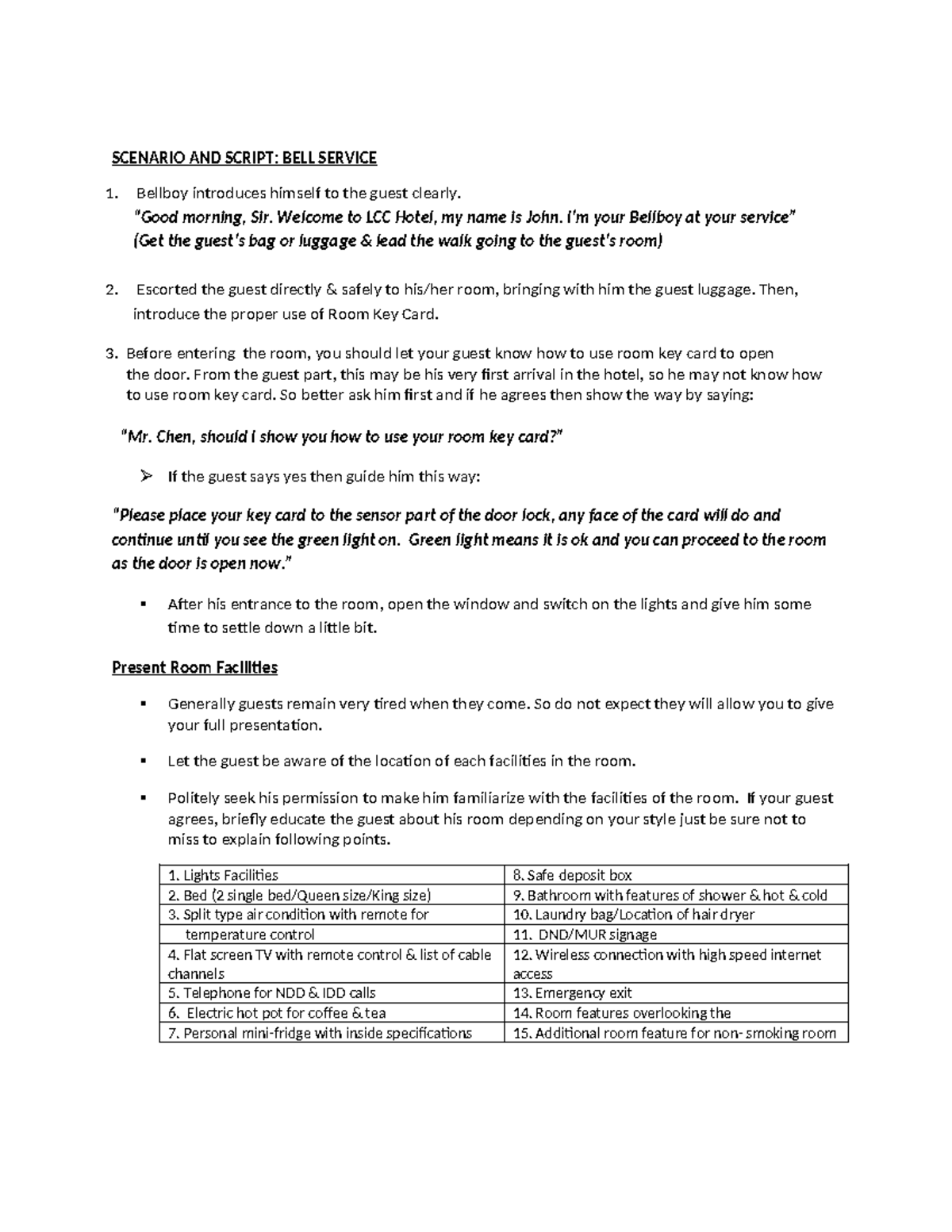 Bell Service Procedures: Scenario and Script for LCC Hotel Guests - Studocu