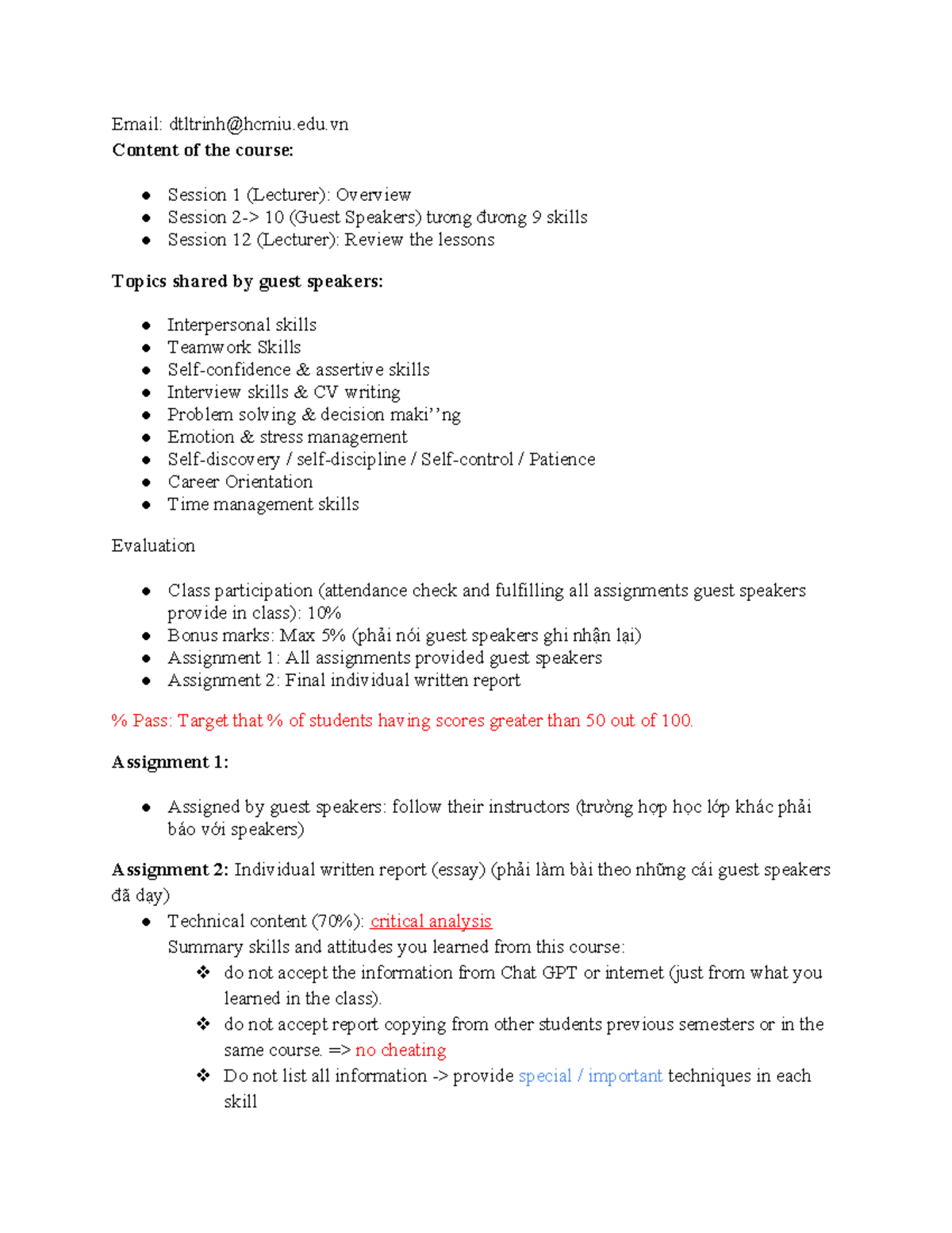 Week 1 - Overview - workshop - Email: dtltrinh@hcmiu.edu Content of the course: Session 1 - Studocu