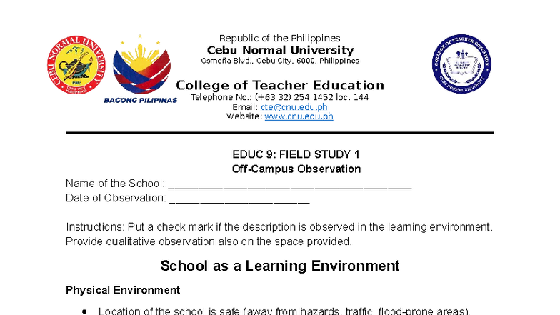 EDUC 9: FIELD STUDY 1 - The School as a Learning Environment - Studocu