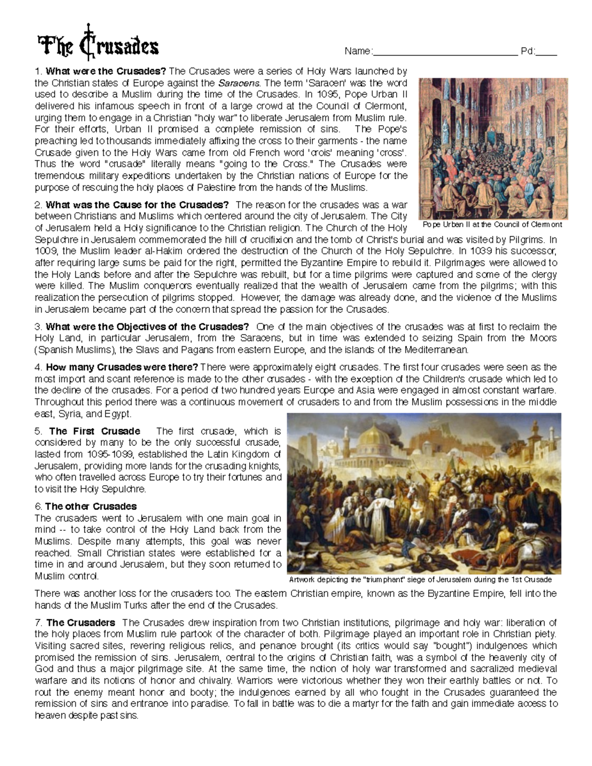 Crusades Worksheet 2 - Understanding the Holy Wars and Their Impact ...