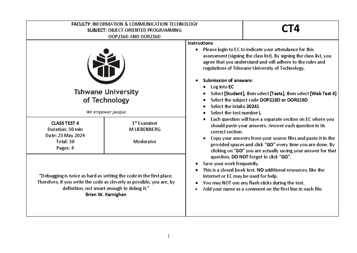 CT4 Class Test: Programming OOP216D & OOR216D Guidelines - Studocu