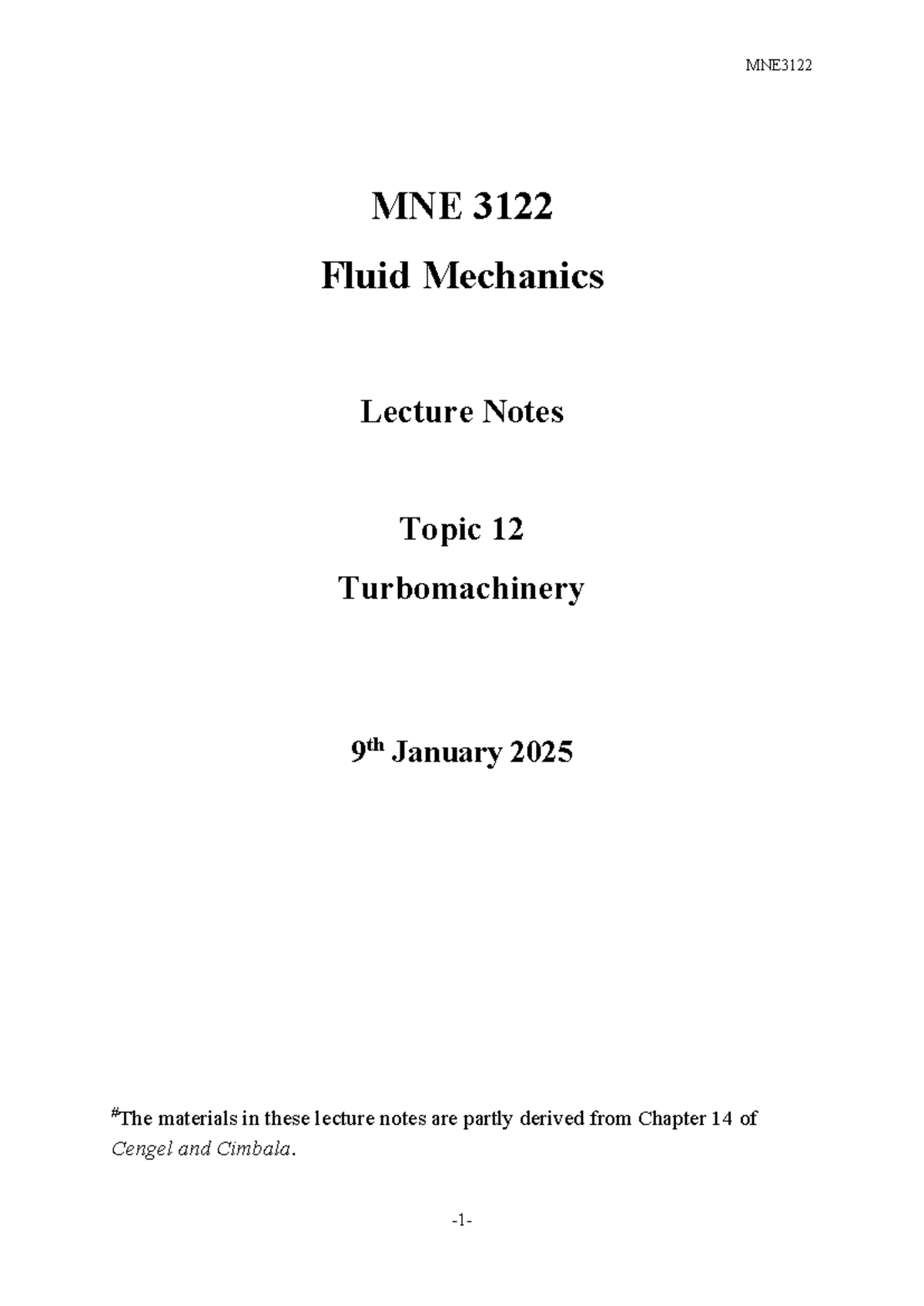 MNE3122 Fluid Mechanics Lecture Notes: Topic 12 - Turbomachinery - Studocu