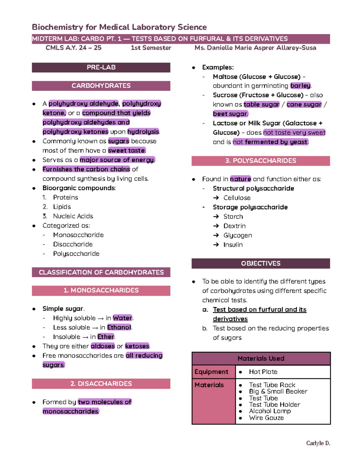 Biochemistry for Medical Laboratory Science MIDTERM LAB: CARBOHYDRATES ...