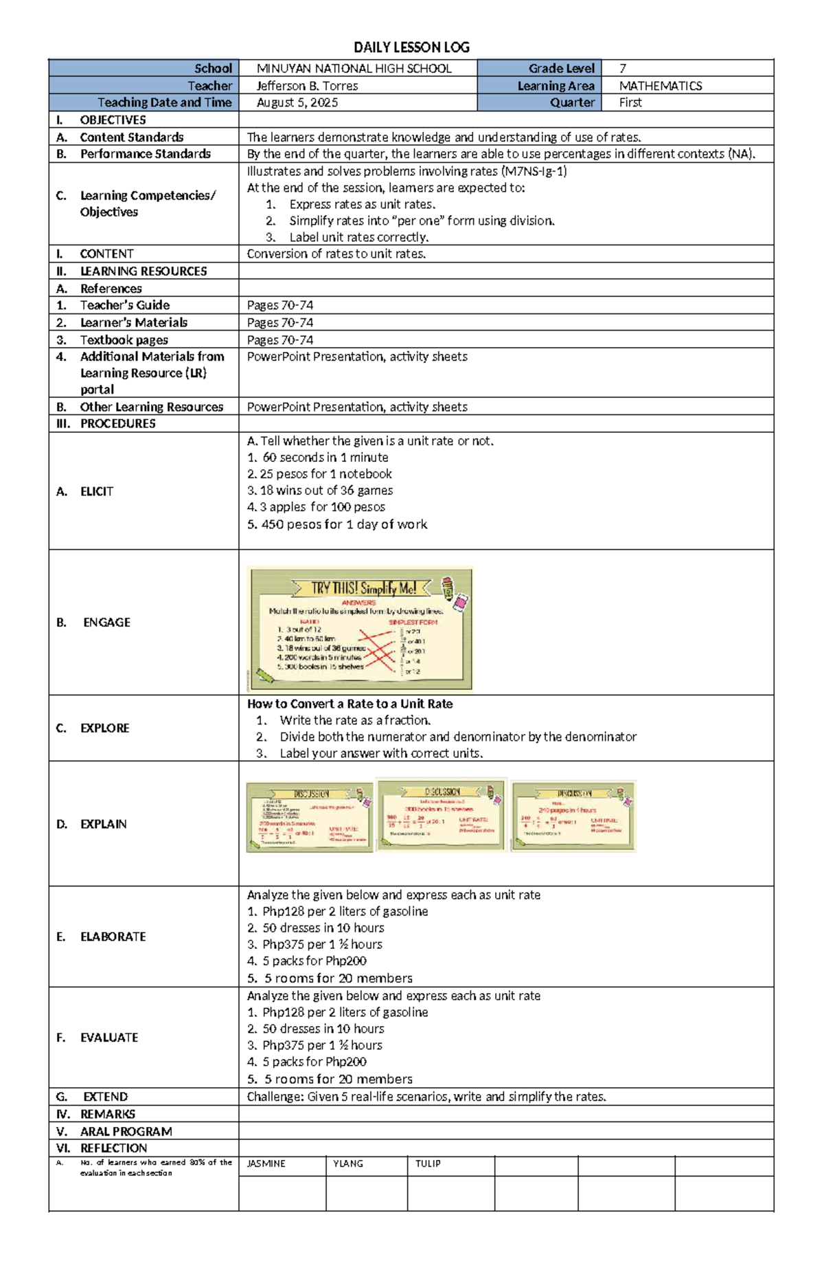 DAILY LESSON LOG: Grade 7 Math - Unit Rates & Percentages - Studocu